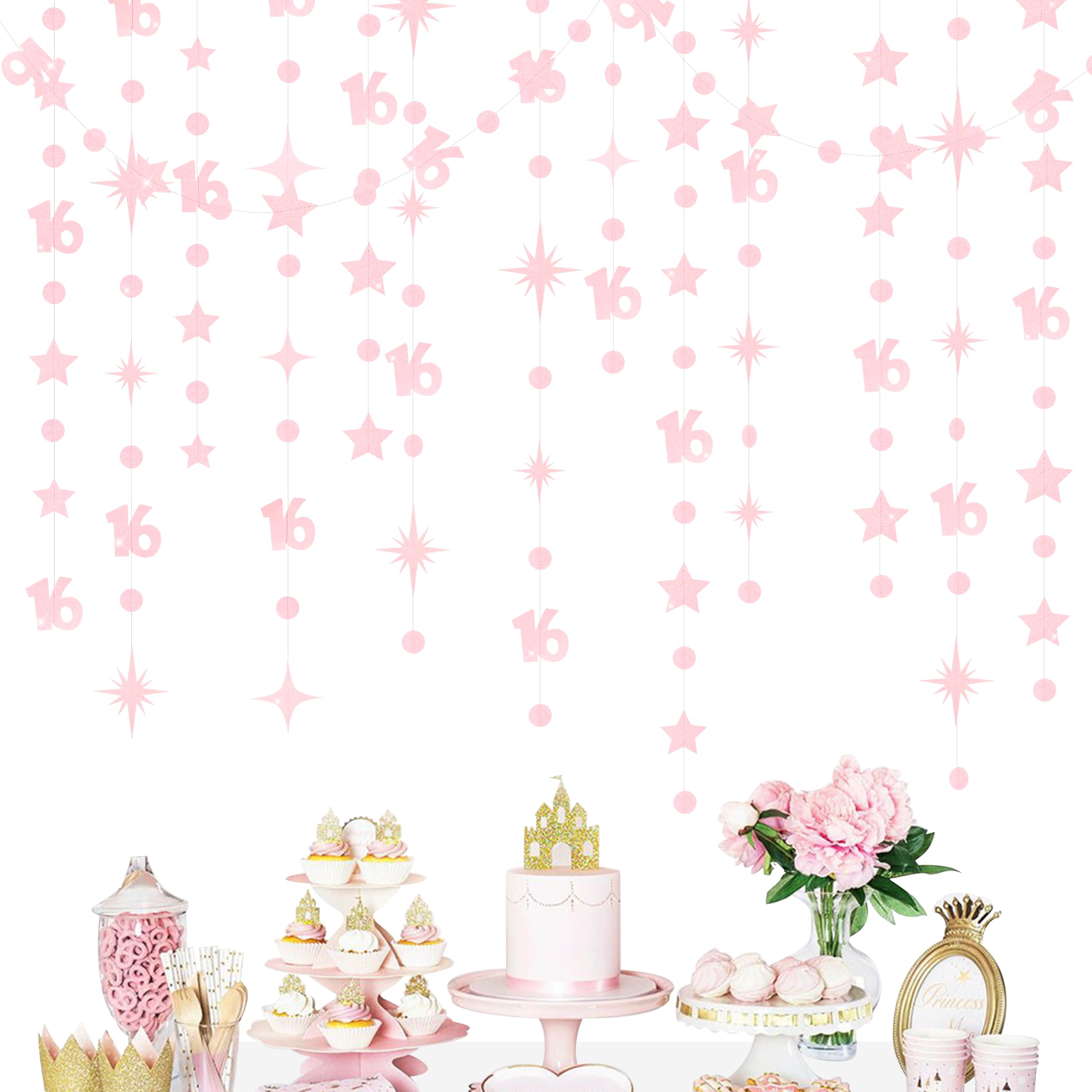 Amazon.com: Glitter Pink Number 16 Circle Dot Twinkle Star Garland ...