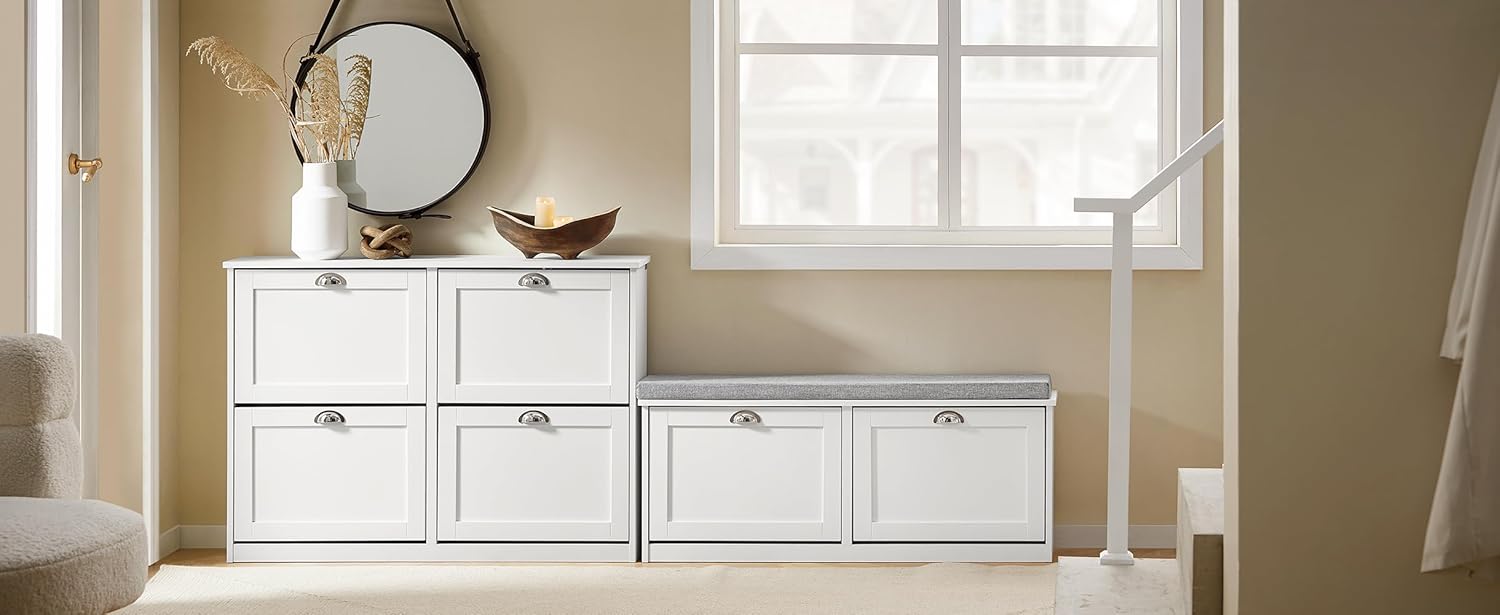 Haotian White Shoe Cabinet with 4 Flip Drawers, Large Freestanding Shoe ...