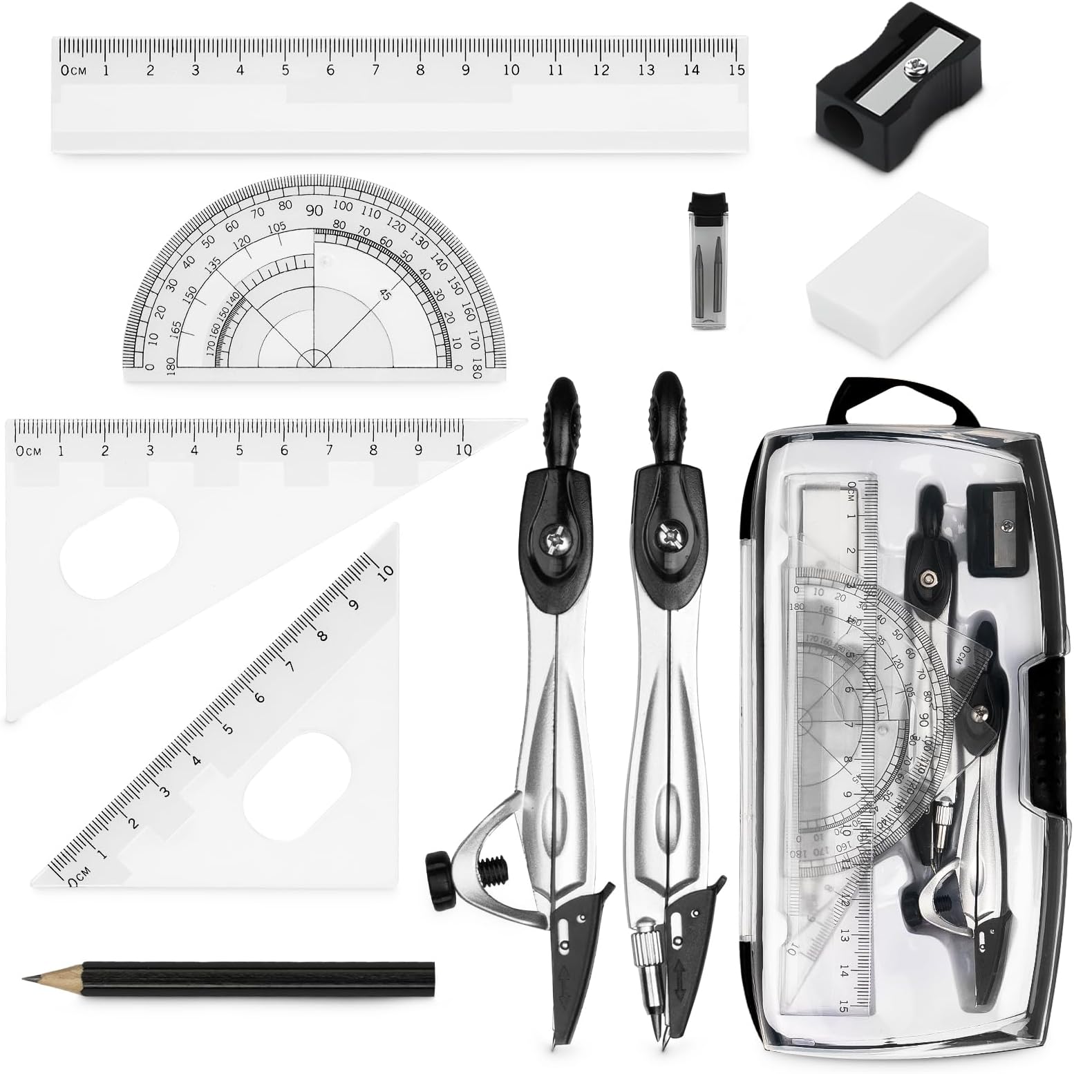 GALAMAX 10pcs Maths Set, Protractor And Compass Set, Geometry Sets for Secondary School Ruler ...