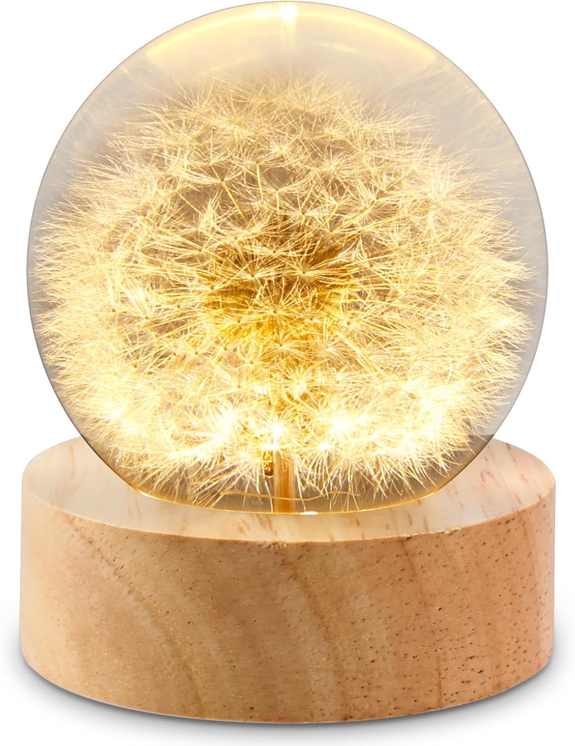 Dandelion Crystal Ball Night Light with Wooden Base USB Powered Glass ...