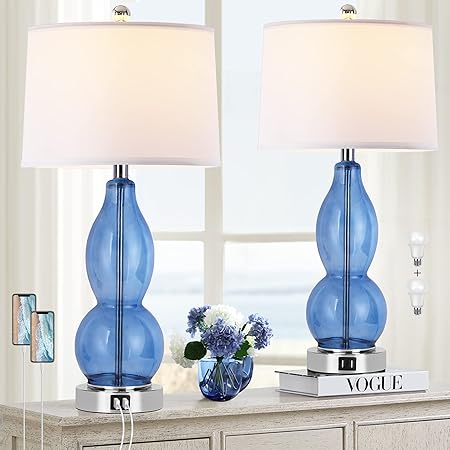 24” Tall Touch Control Table Lamps Set of 2, Blue Navy Lamps w/ USB ...