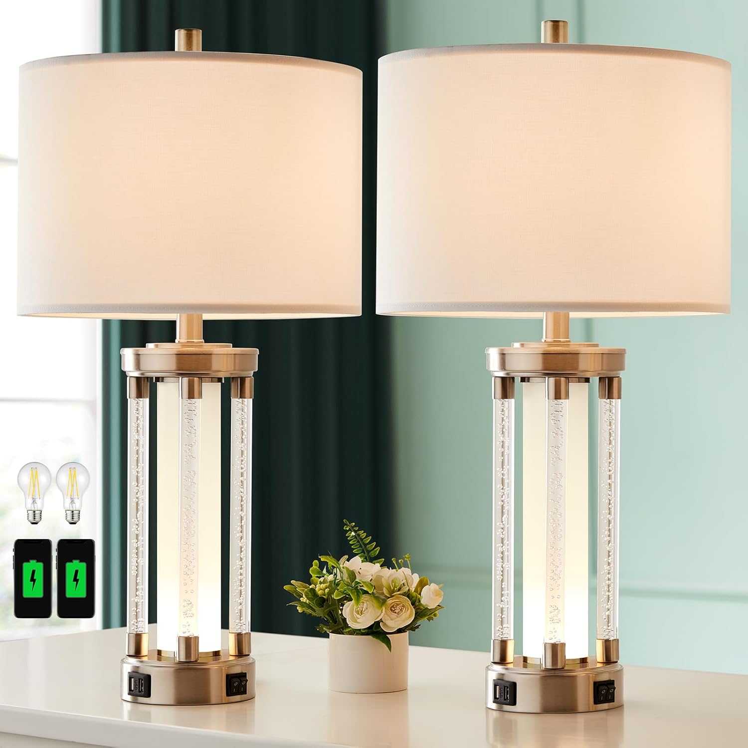 RORIA Modern Table Lamps for Living Room Bedroom Set of 2, Nightstand ...