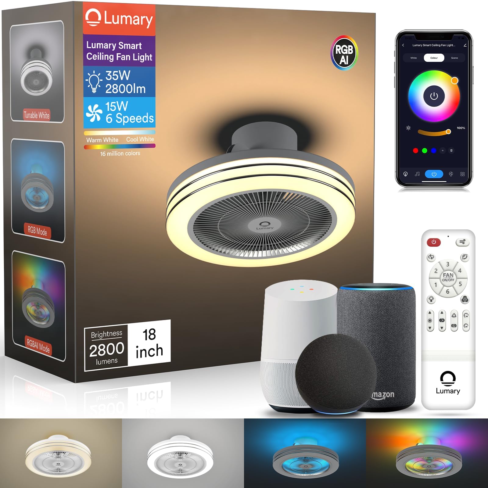 Amazon.com: Lumary Smart WiFi & Bluetooth Ceiling Fan with RGBAI Light ...