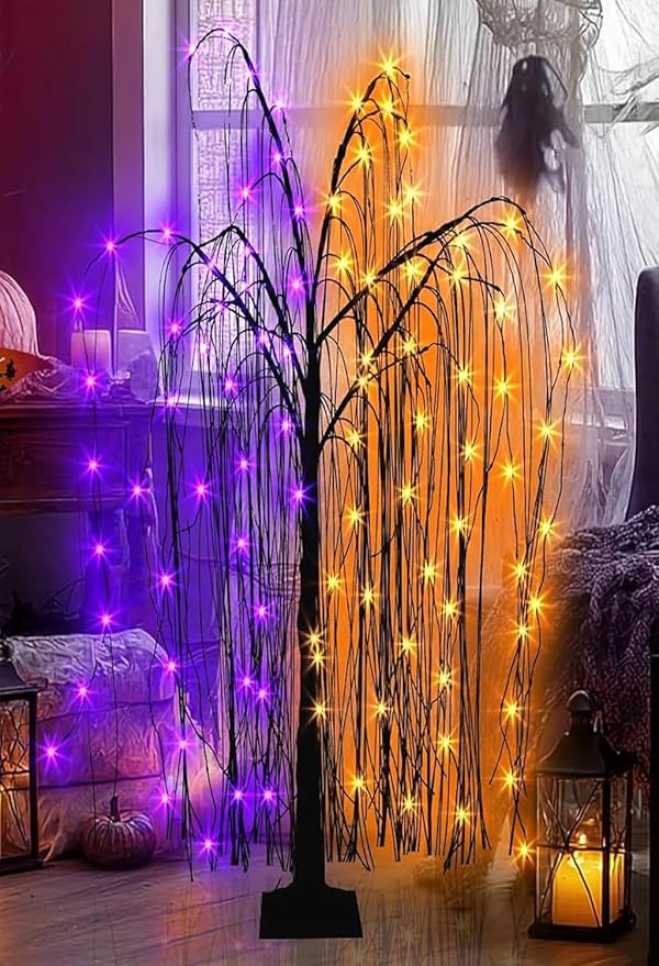 PEIDUO Halloween Tree, Black Willow Tree with 180 LED Purple Orange ...
