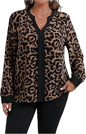 Floerns Women's Plus Size Cheetah Print Blouses V Neck Long Sleeve ...