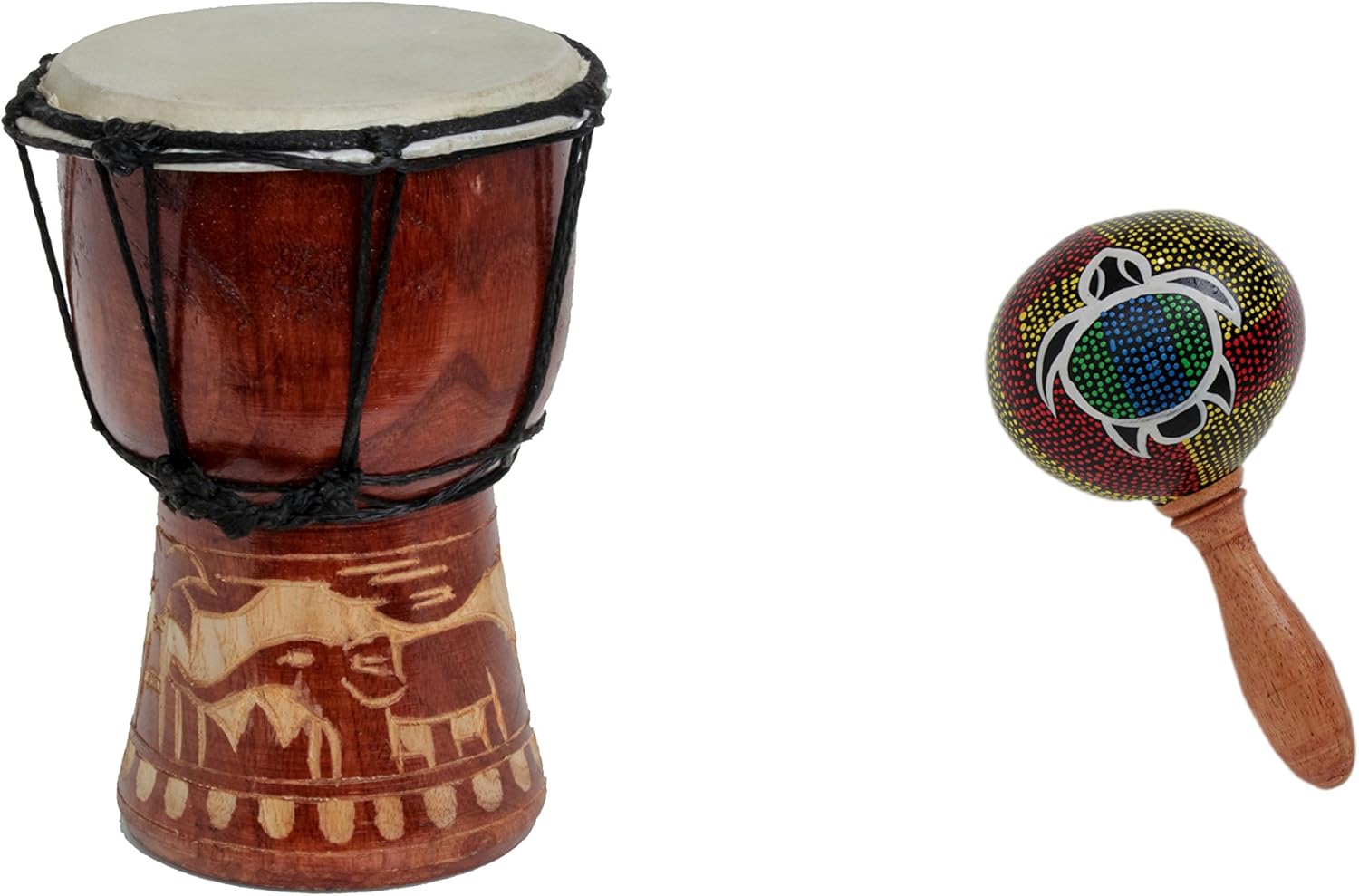 20cm Djembe Trommel Bongo für Kinder Elefant Holz + Rassel Schildkröte ...
