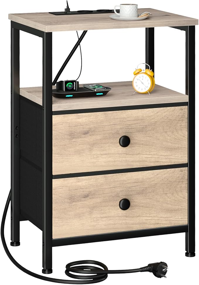 AMHANCIBLE Bedside Table with Charging Function, Side Table with Fabric ...