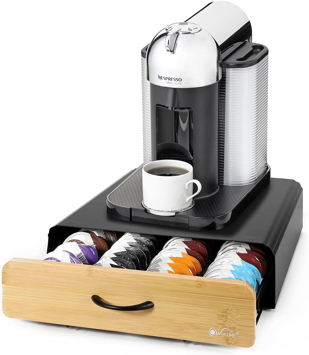 Vinsani 64 Capsules Coffee Pod Storage with Sliding Bamboo Drawer and ...