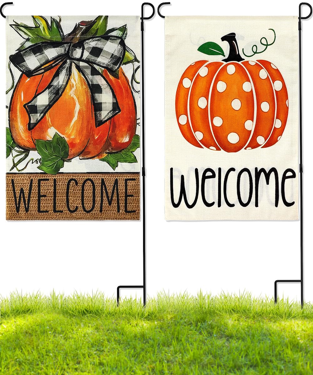 Amazon.com : Set Of 2 Fall Pumpkin Welcome Garden Flags Double Sided ...