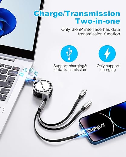 3A Multi Charging Cable: Retractable 3-in-1 Cord with Lightning, Type-C ...