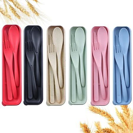 Amazon.com: Reusable Travel Utensils Set with Case, 4 Sets Wheat Straw ...
