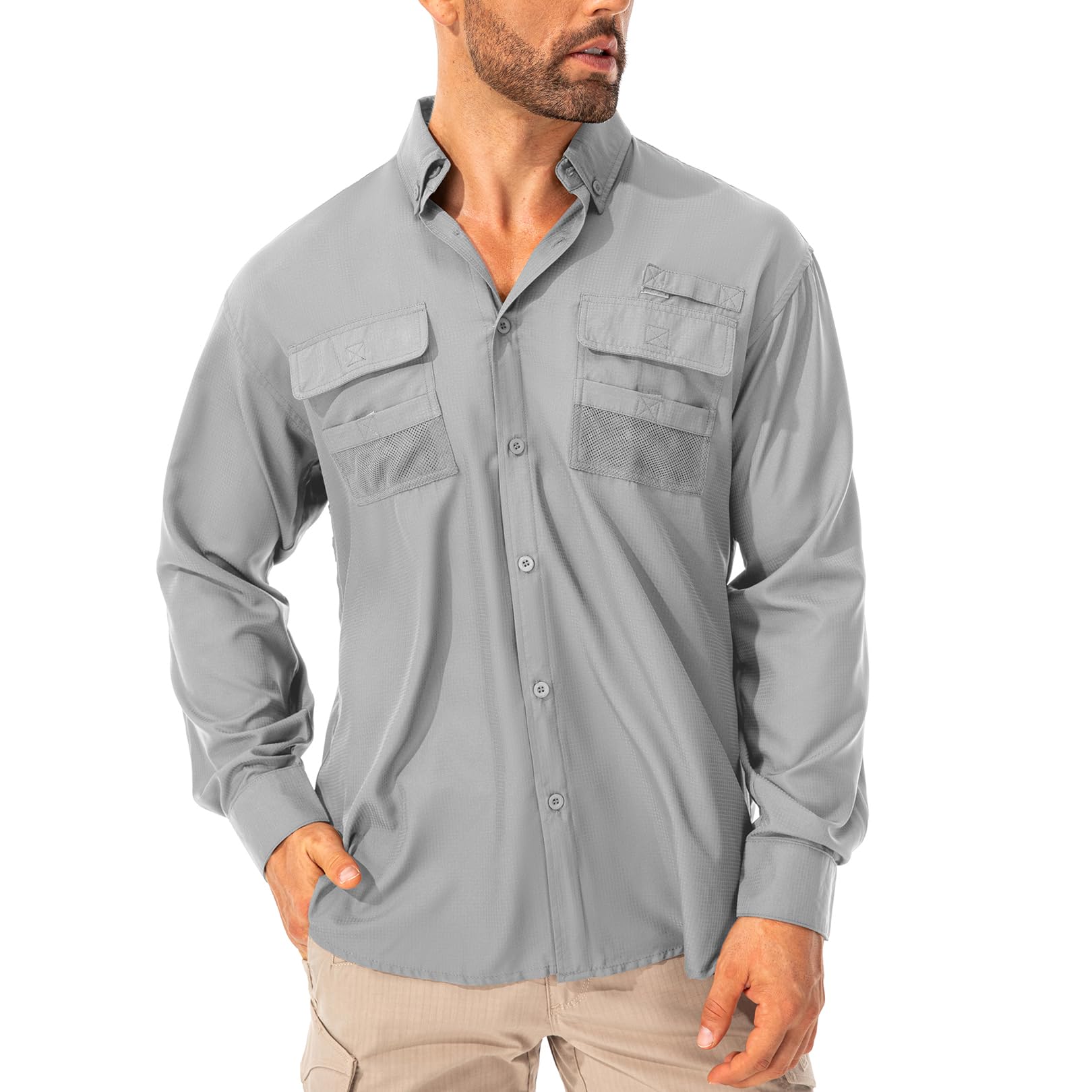 Hubunucc Mens Long Sleeve Fishing Shirt uv Protection Safari Button ...