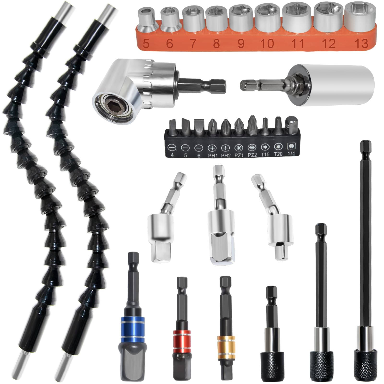 32 pcs Flexible Drill Bit Extension Set，10 Screwdriver Bit Kit，105 ...
