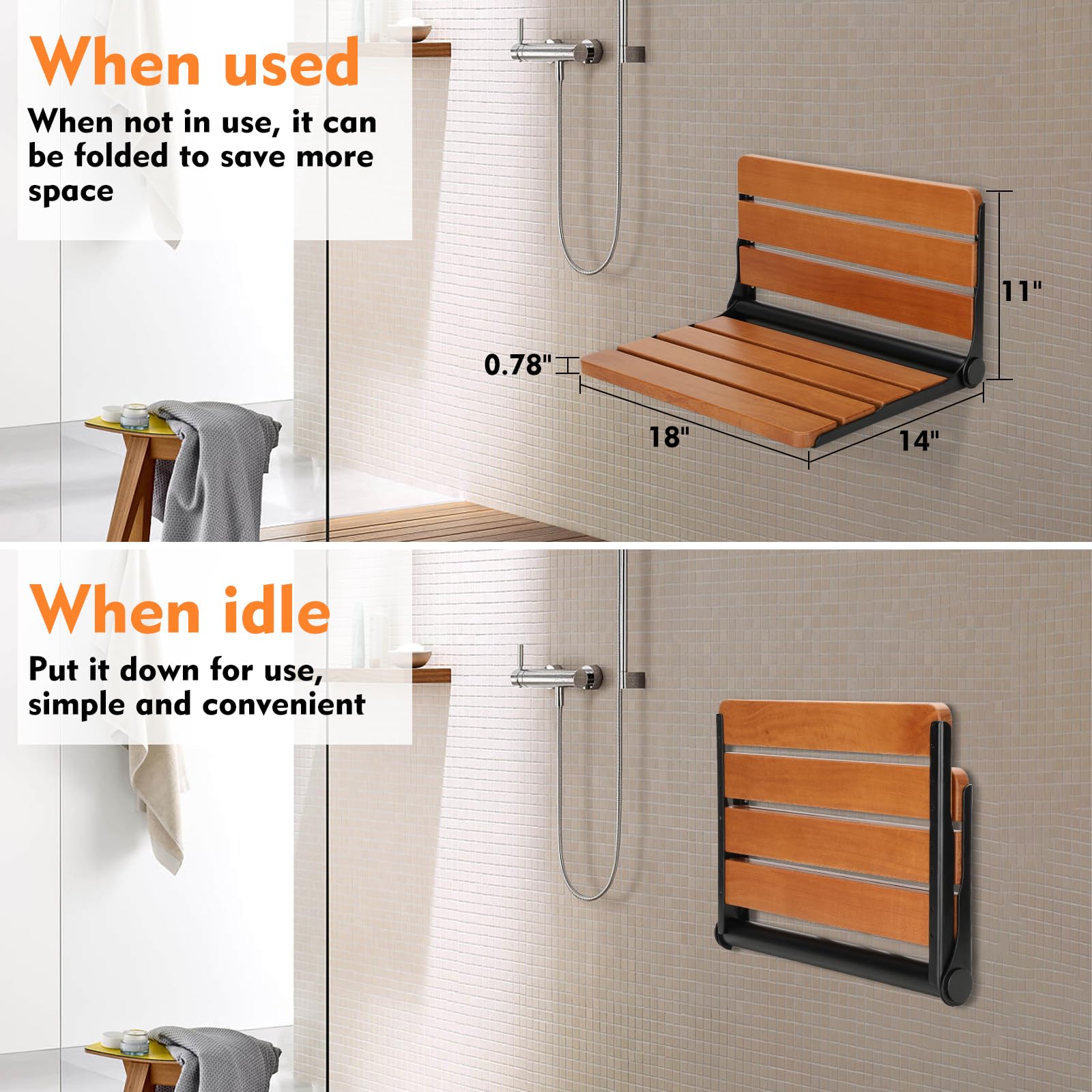 Snapklik.com : Teak Folding Shower Seat, Wall Mounted, Fold Down Bench ...
