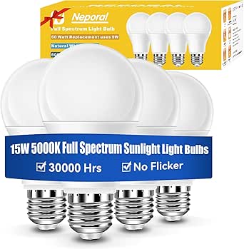 Upgraded 15W Full Spectrum Light Bulb for Home, 5000K UV-Free Natural ...