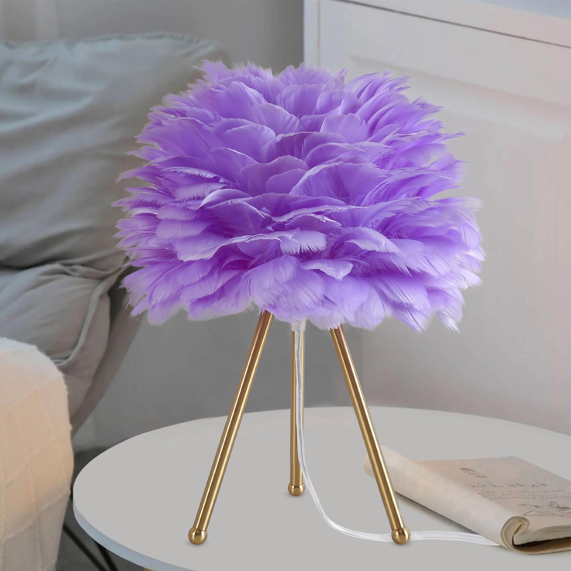 Capslpad Feather Tripod Table Lamp 15.3" Purple Modern Small Bedside ...