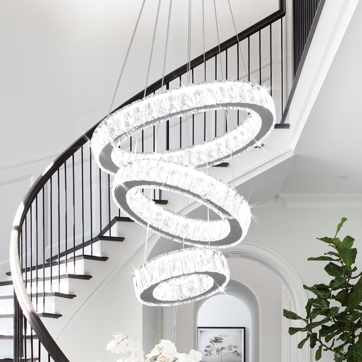 Finktonglan Modern LED Chandeliers 3 Rings Crystal Chandelier Ceiling ...