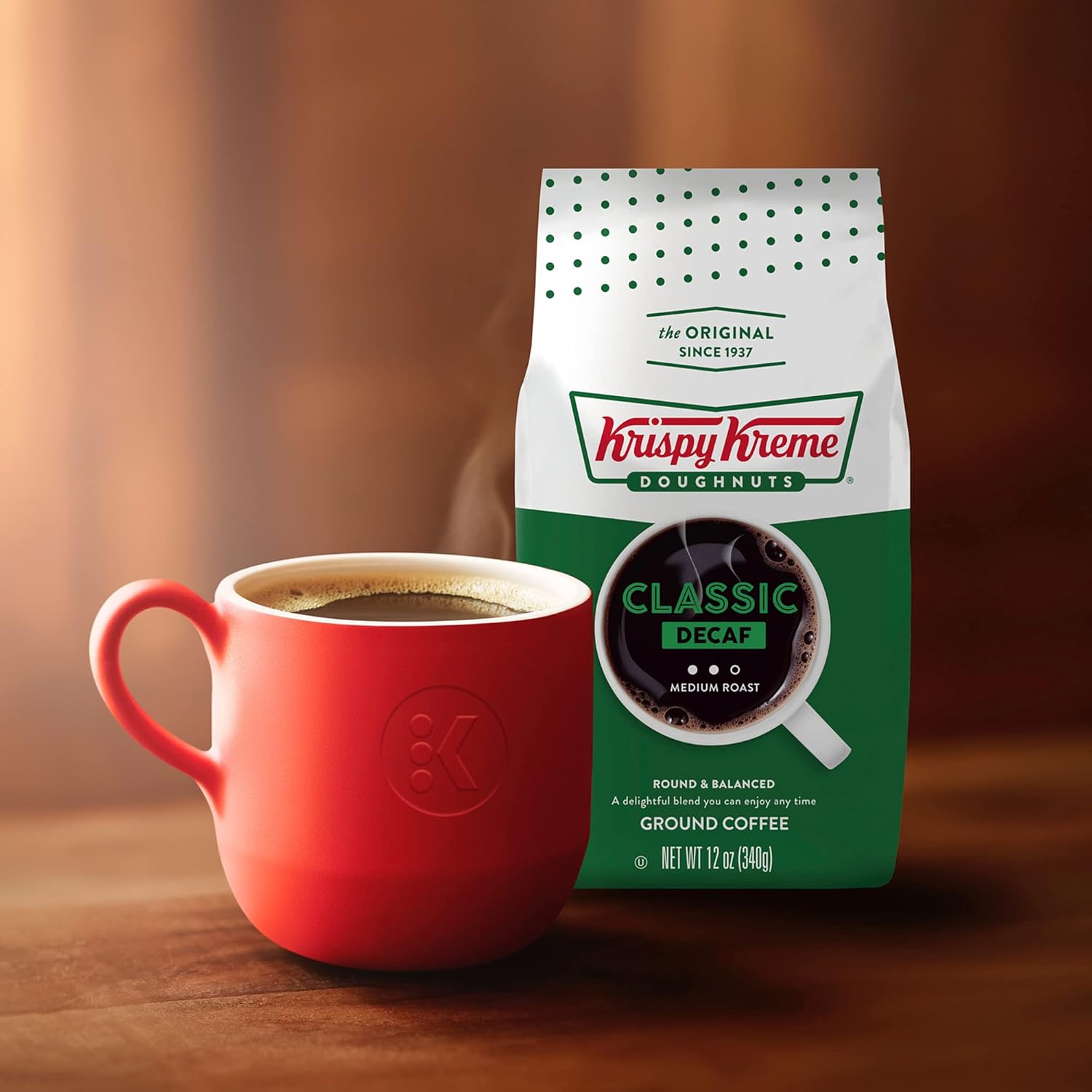 Krispy Kreme Classic Decaf, café molido, tostado medio, en bolsa de 12 ...