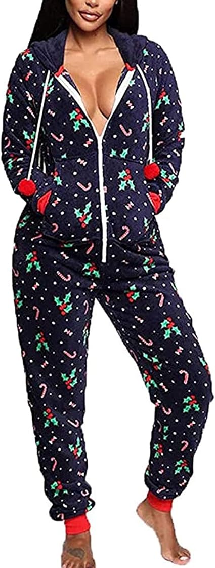 Acrawnni Womens One Piece Christmas Pajamas Plush Warm Hood Onesie ...