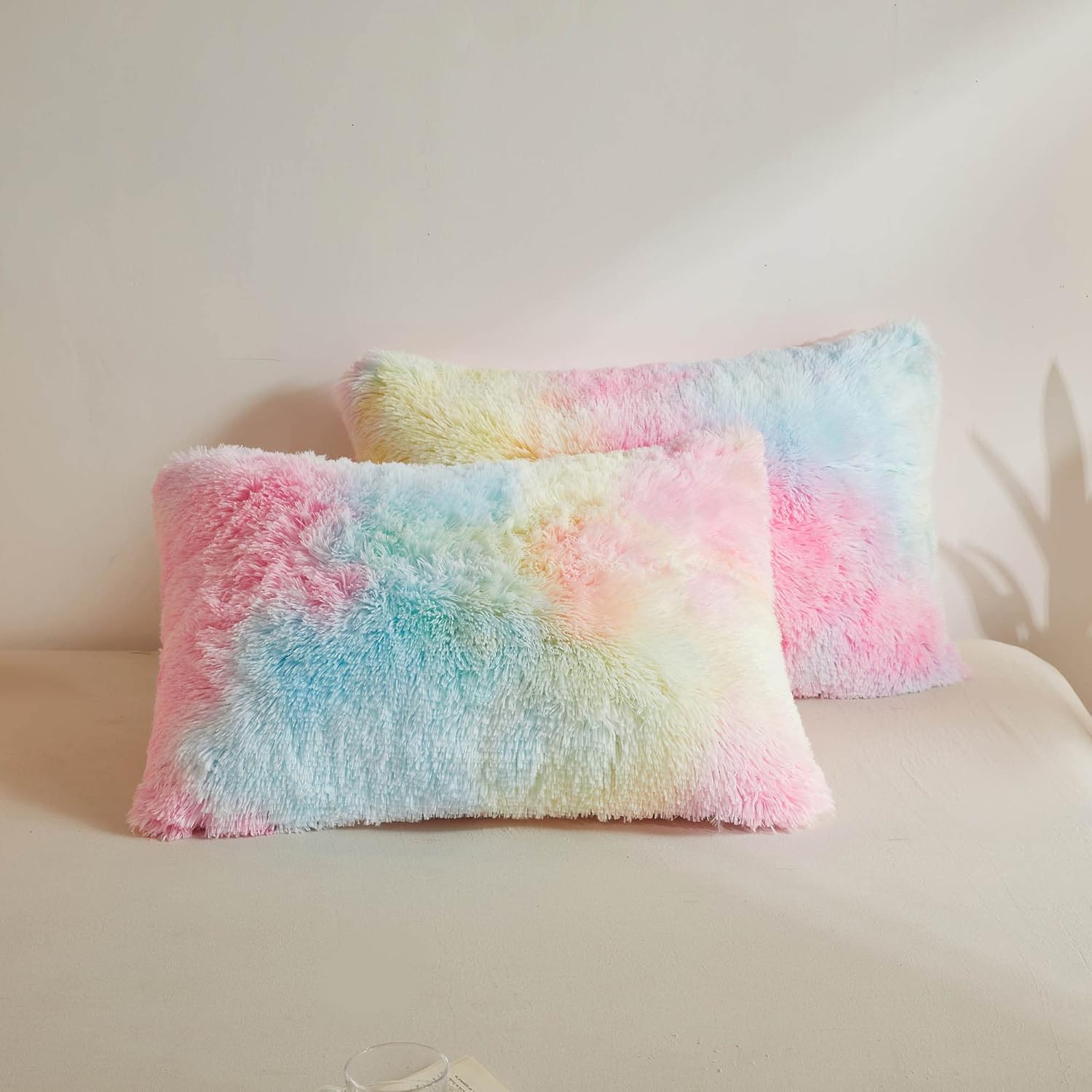 Amazon.com: XeGe Rainbow Faux Fur Fluffy Throw Pillow Cases, Plush ...