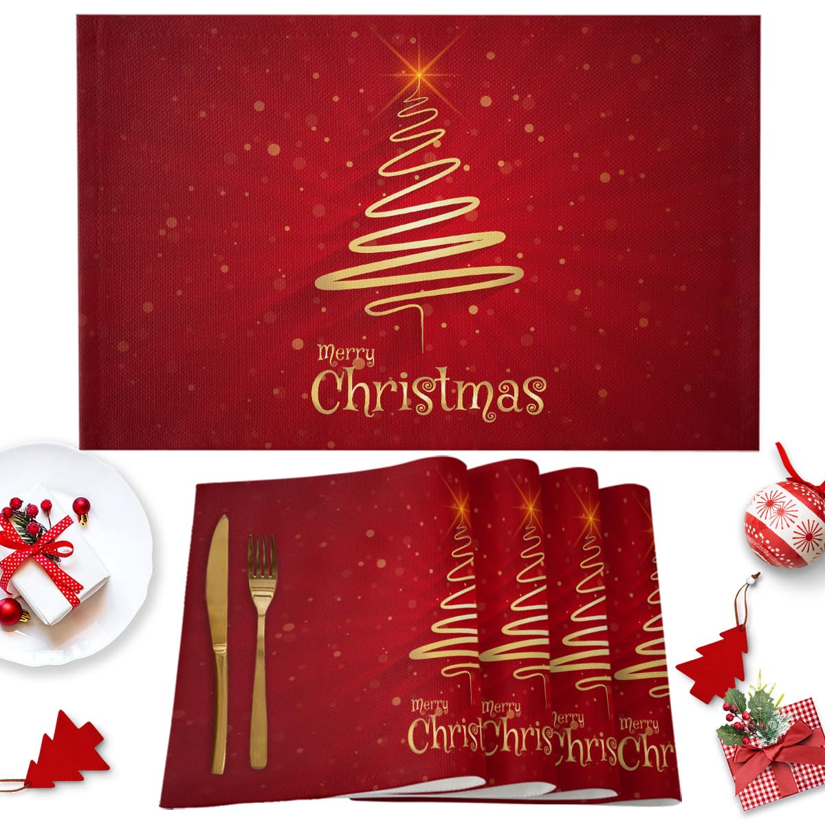 Amazon.com: Merry Christmas Tree Placemats Set of 6,Xmas Red,Non-Slip ...