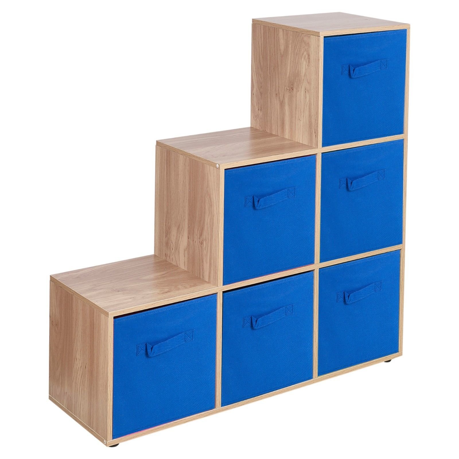URBNLIVING 6 Cube Oak Step Storage Shelf Unit & 6 Dark Blue Drawers ...