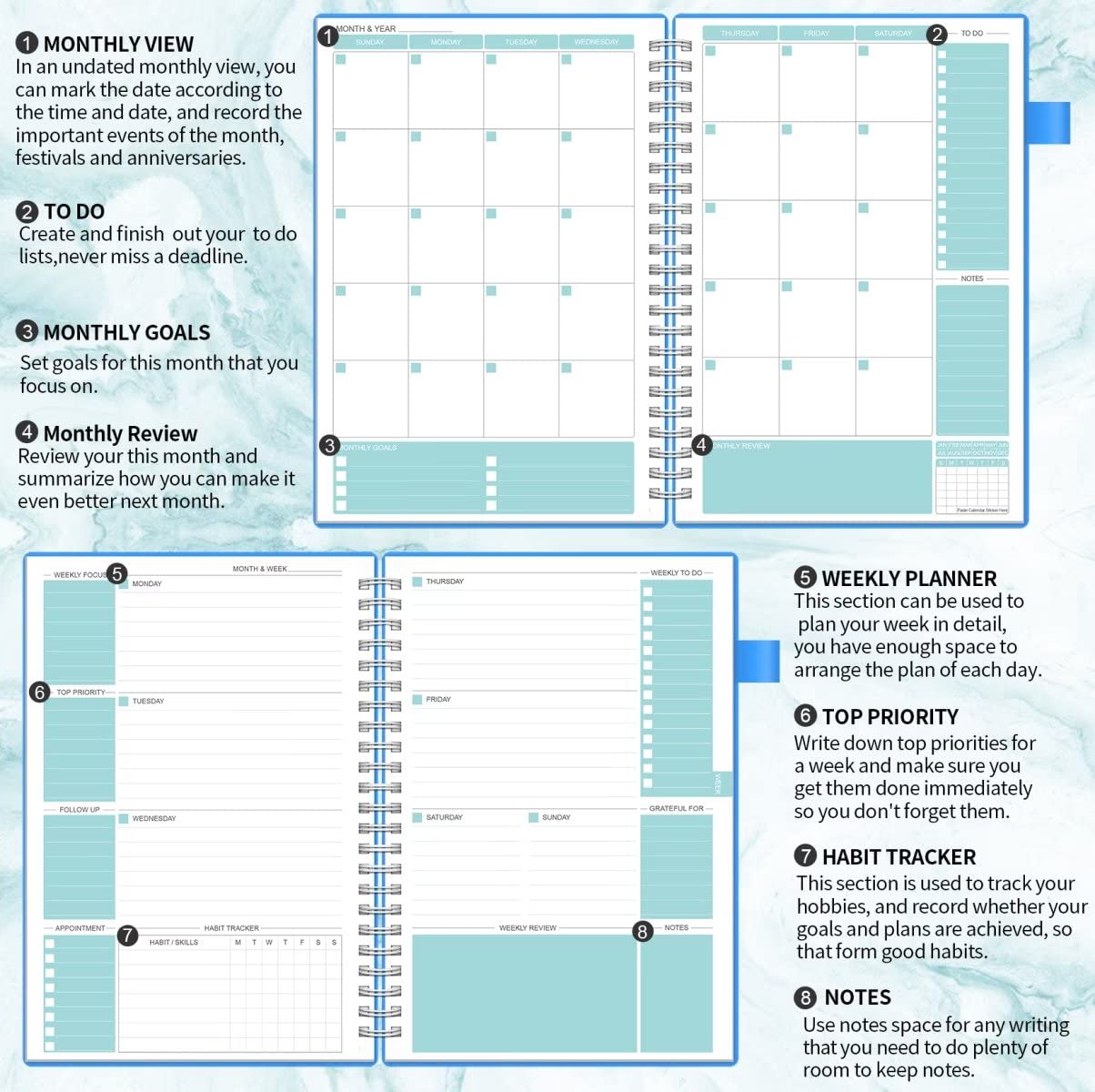 Weekly Monthly Planner Undated, Regolden-Book Medium Weekly Goals ...