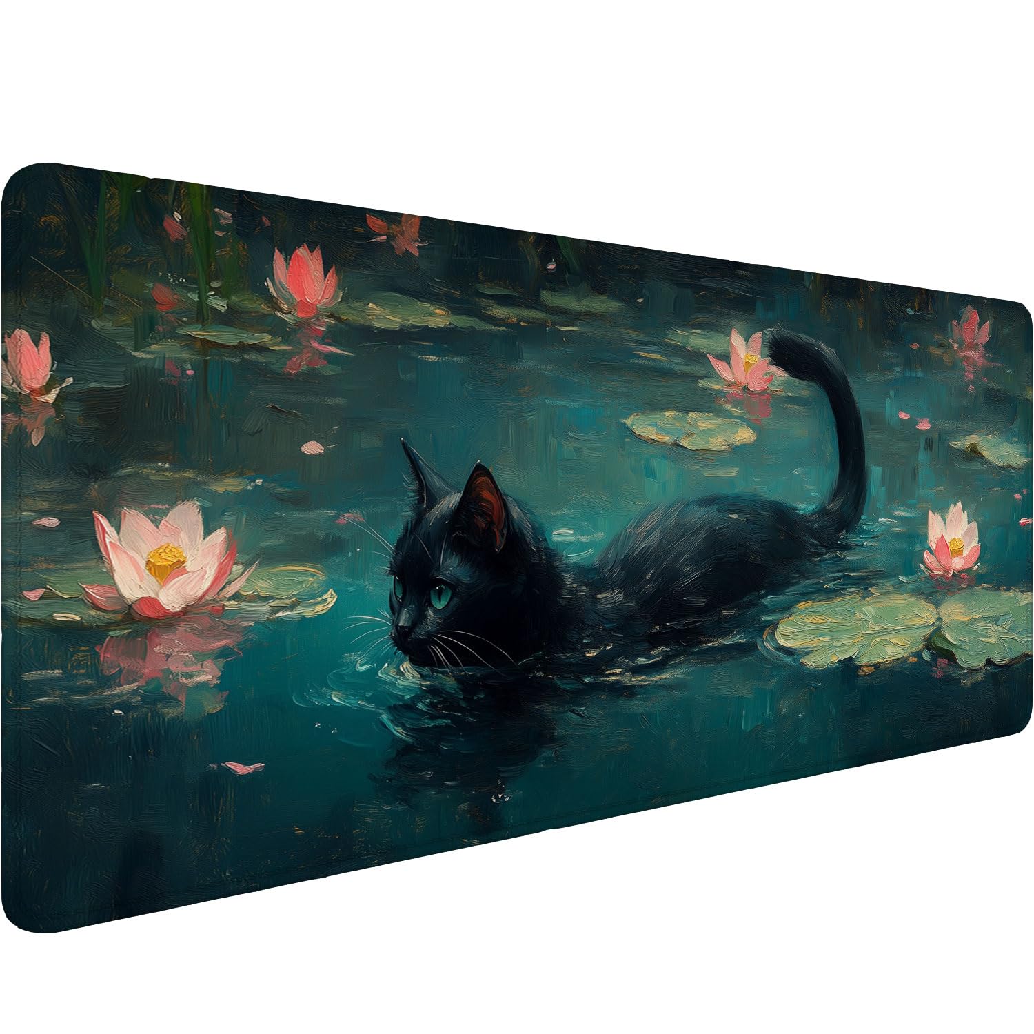 Amazon.com: Black Cat Gaming Mouse Pad Cute Animal Green Lotus Leaves ...