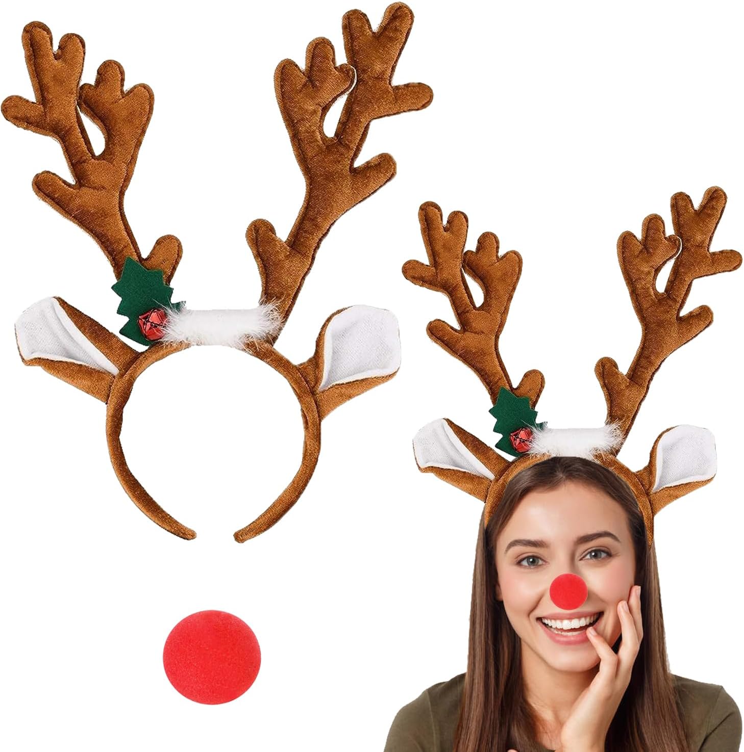 Amazon.com: FUEAWIM Reindeer Antlers Headbands and Red Nose Christmas ...