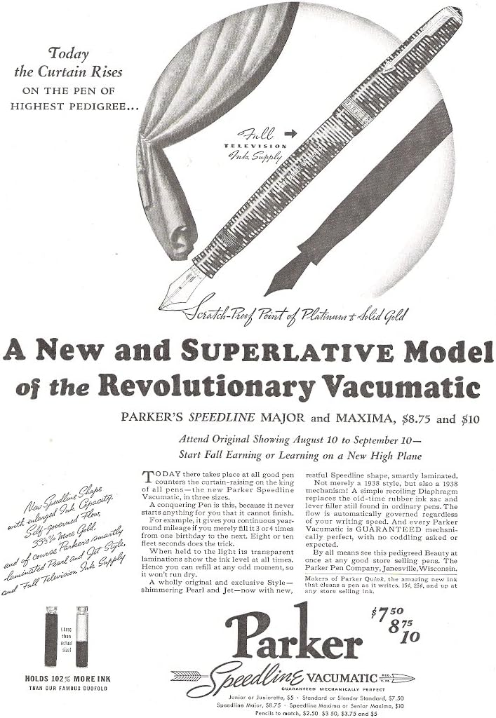 Amazon.com: Parker Speedline Vacumatic Pen Original 1937 Advertisement ...