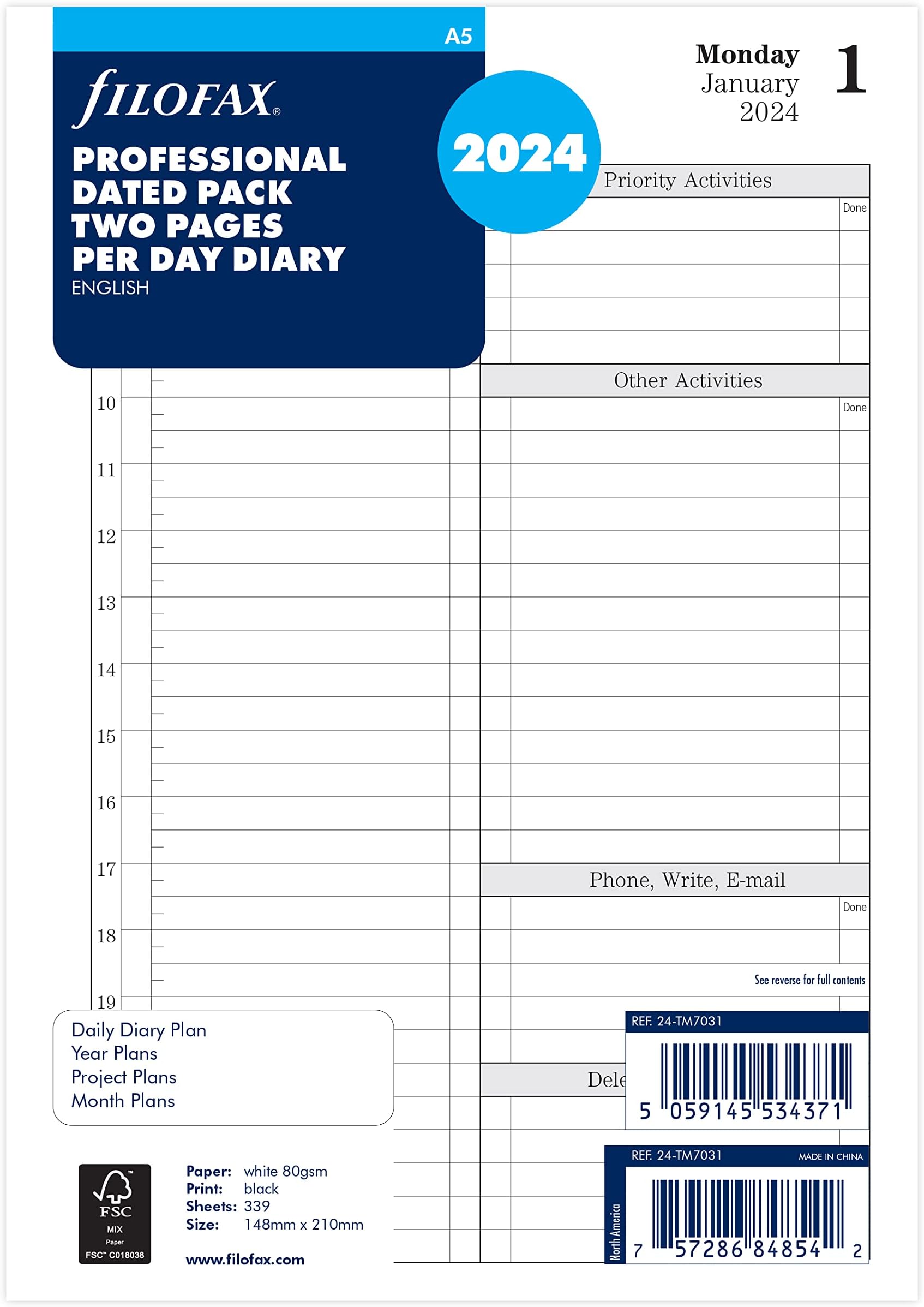 Amazon.com : Filofax A5 day to view English diary - 2024, White ...