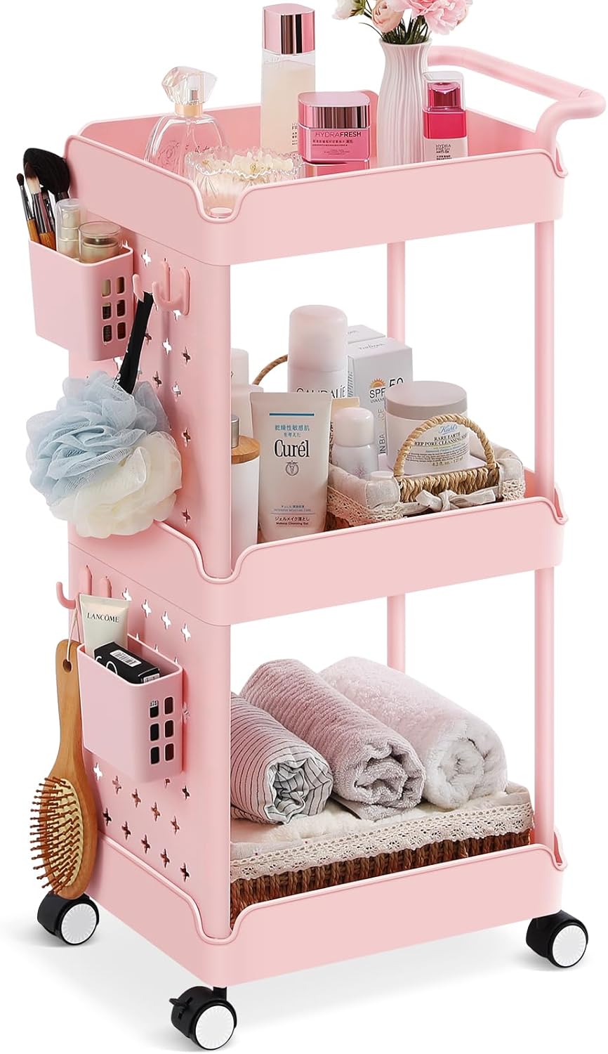 Urackify 3 Tier Rolling Storage Cart - Pink Rolling Organizer Craft ...