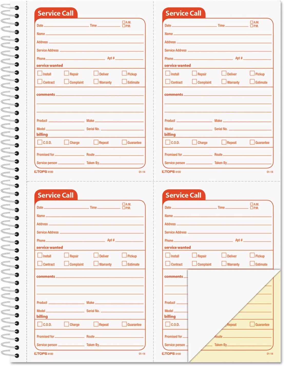 Amazon.com : TOPS 4100 Service Call Book, 11-Inch x8-1/4-Inch , 2-Part ...