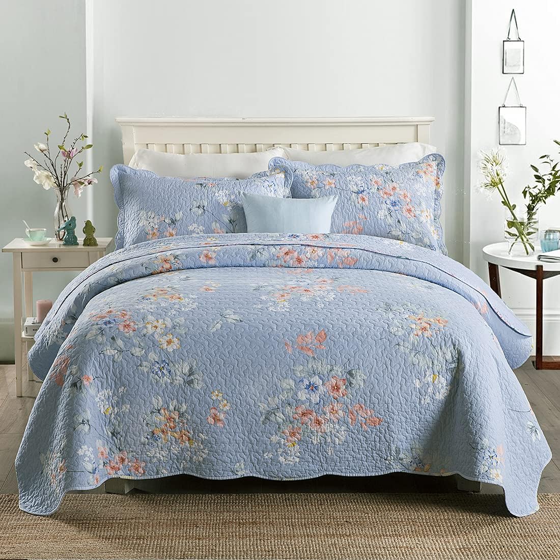 vctops Elegant Floral Cotton Quilt Set 3-Piece Queen Size Garden ...
