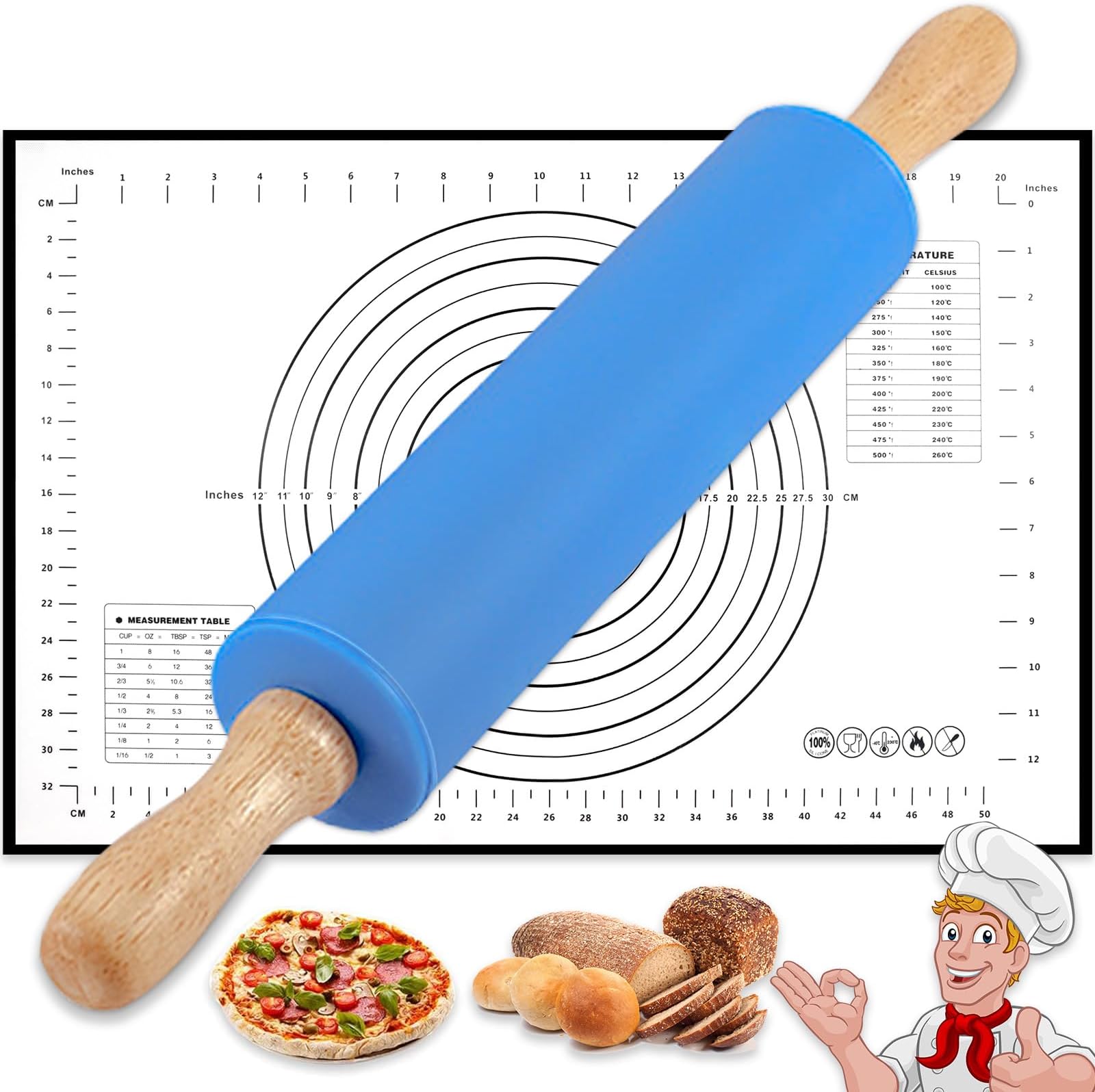 Remeel Silicone Rolling Pin Non-Stick Surface Wooden Handle (Blue, 12 ...