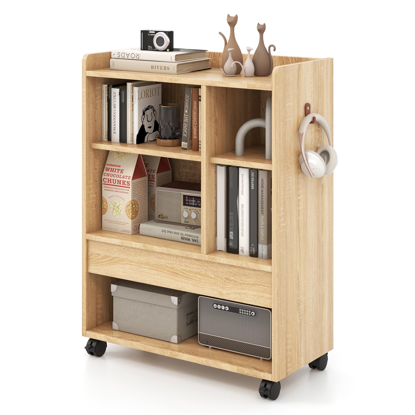 COSTWAY Sofa Side Table, Mobile Bedside Table Storage Cabinet with ...