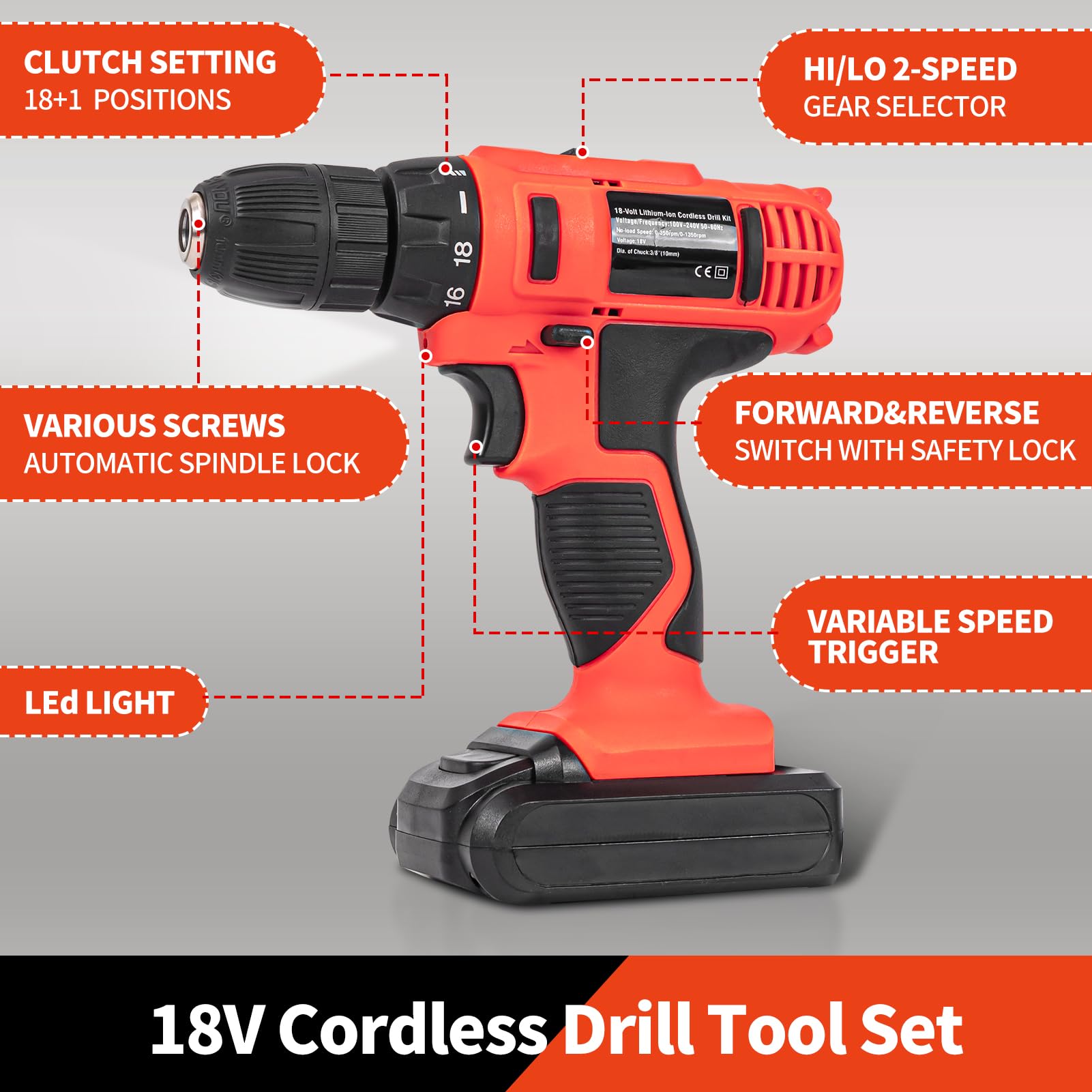 Power Tool Set with 18V Cordless Drill, Electric Power Drill Set, Tool ...