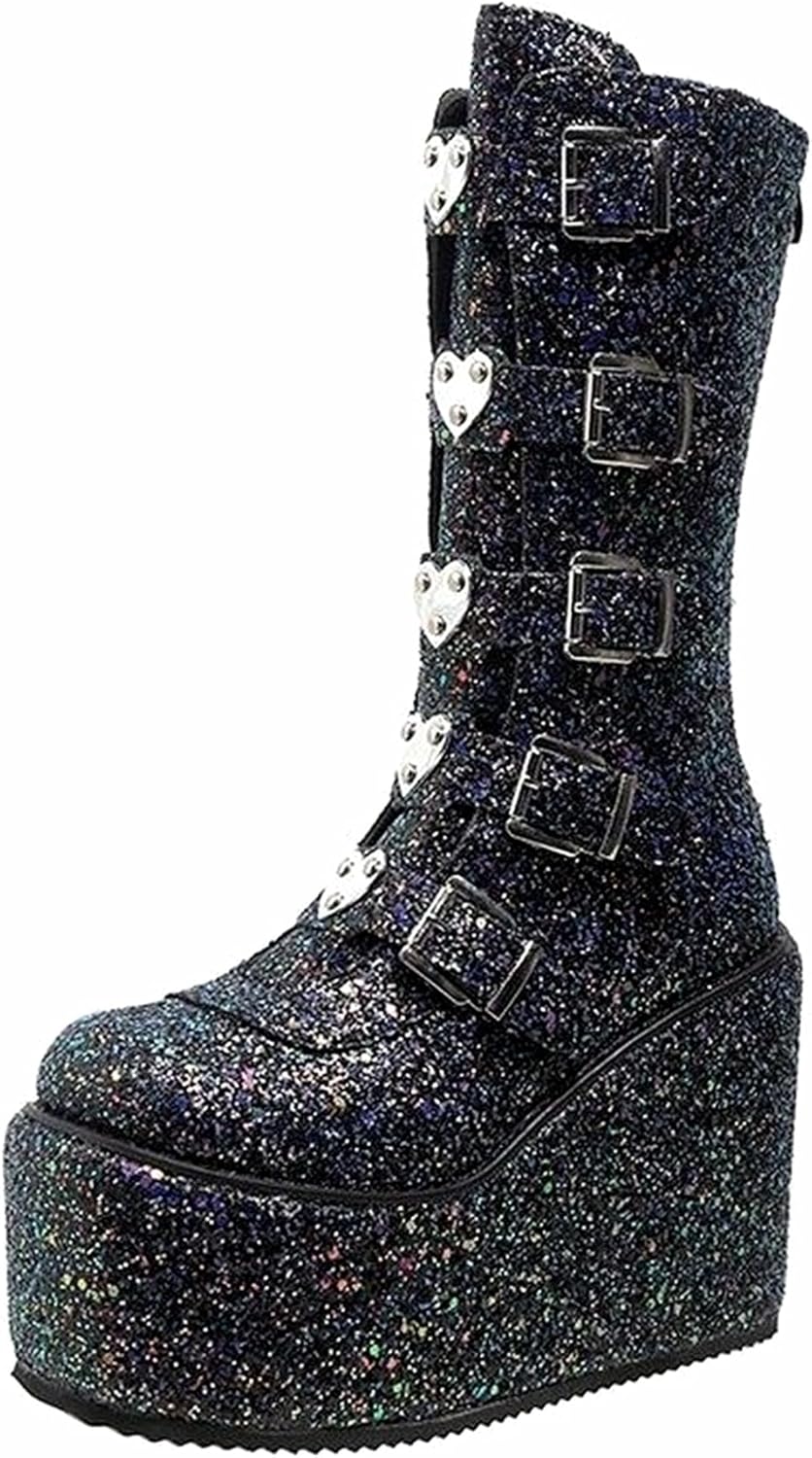 Amazon.com | Gothniero Women Black Platform Goth Boots Mid Calf with ...
