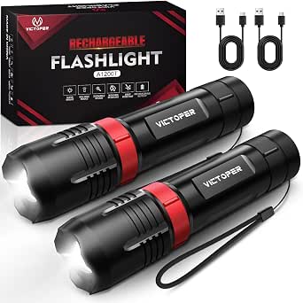 Victoper Rechargeabe Flashlight 2 Pack, High Lumens 5 Modes LED Bright ...