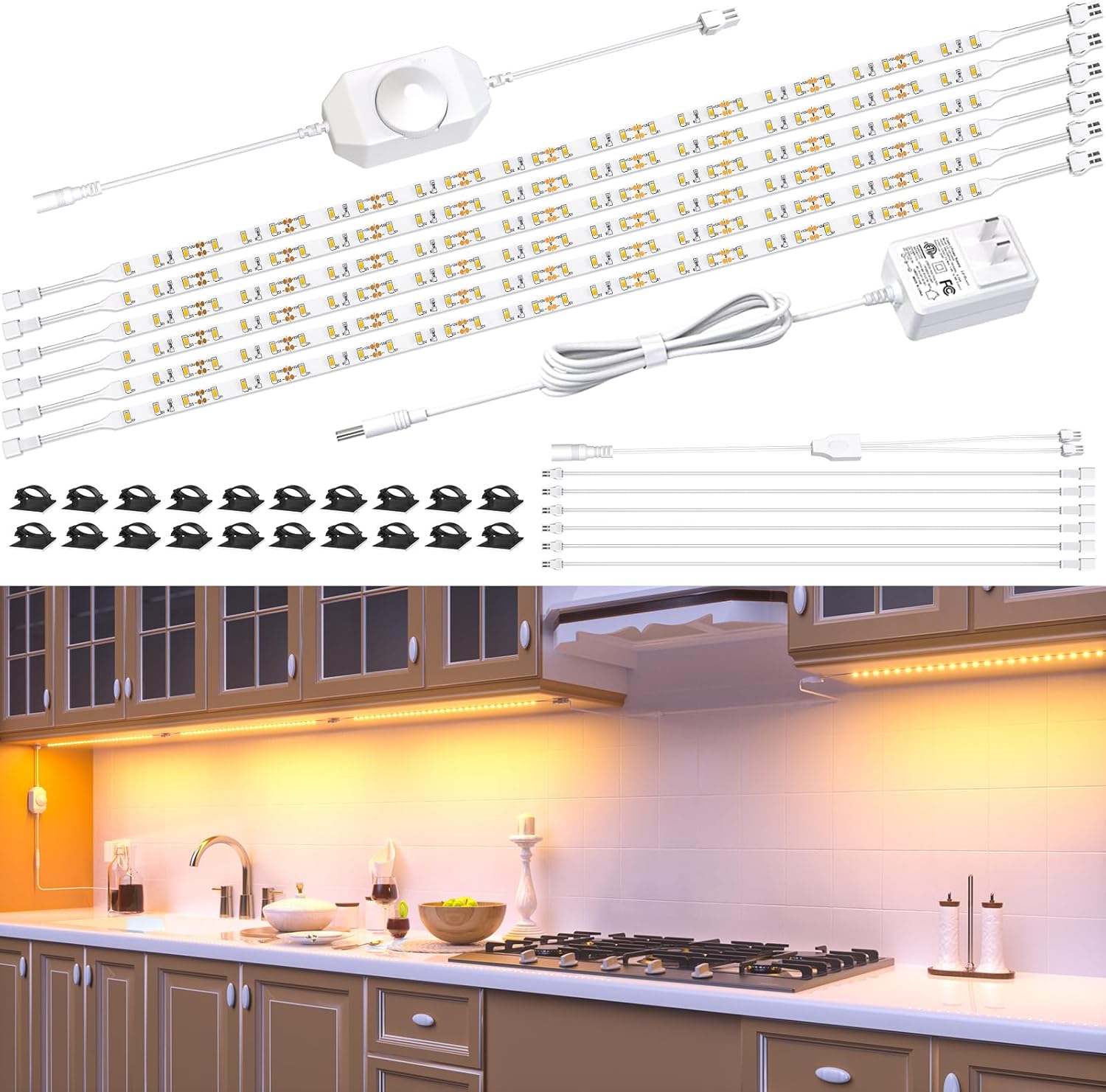 Hensam 180pcs LED Under Cabinet Lighting Kits, 6pcs 20inch Dimmable LED ...