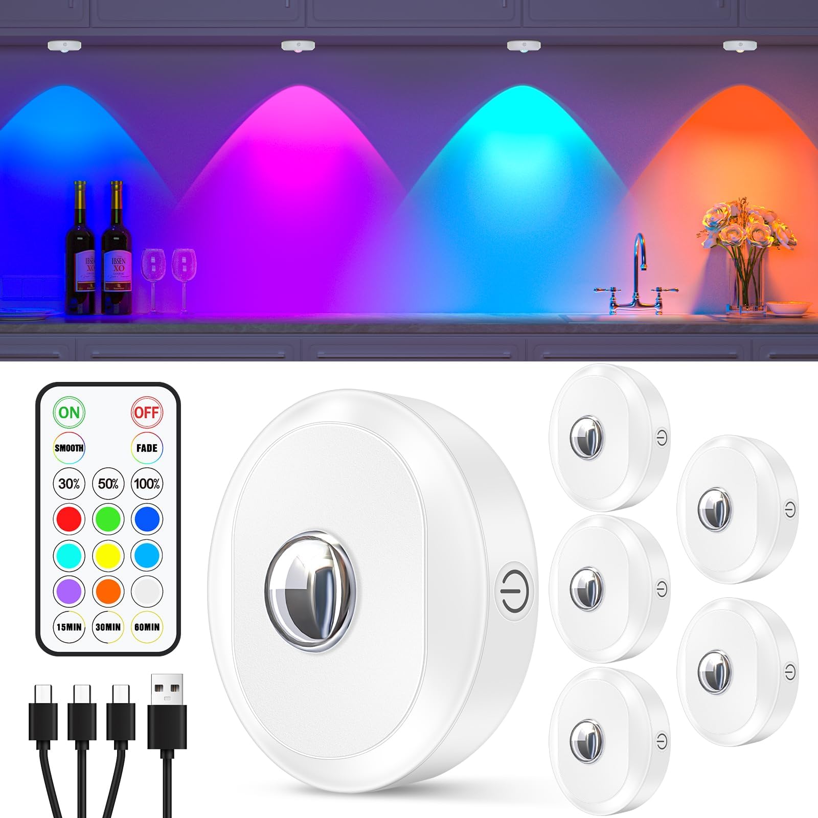 WILLED Rechargeable RGB Puck Lights with Remote Control, 1200mAh Under ...