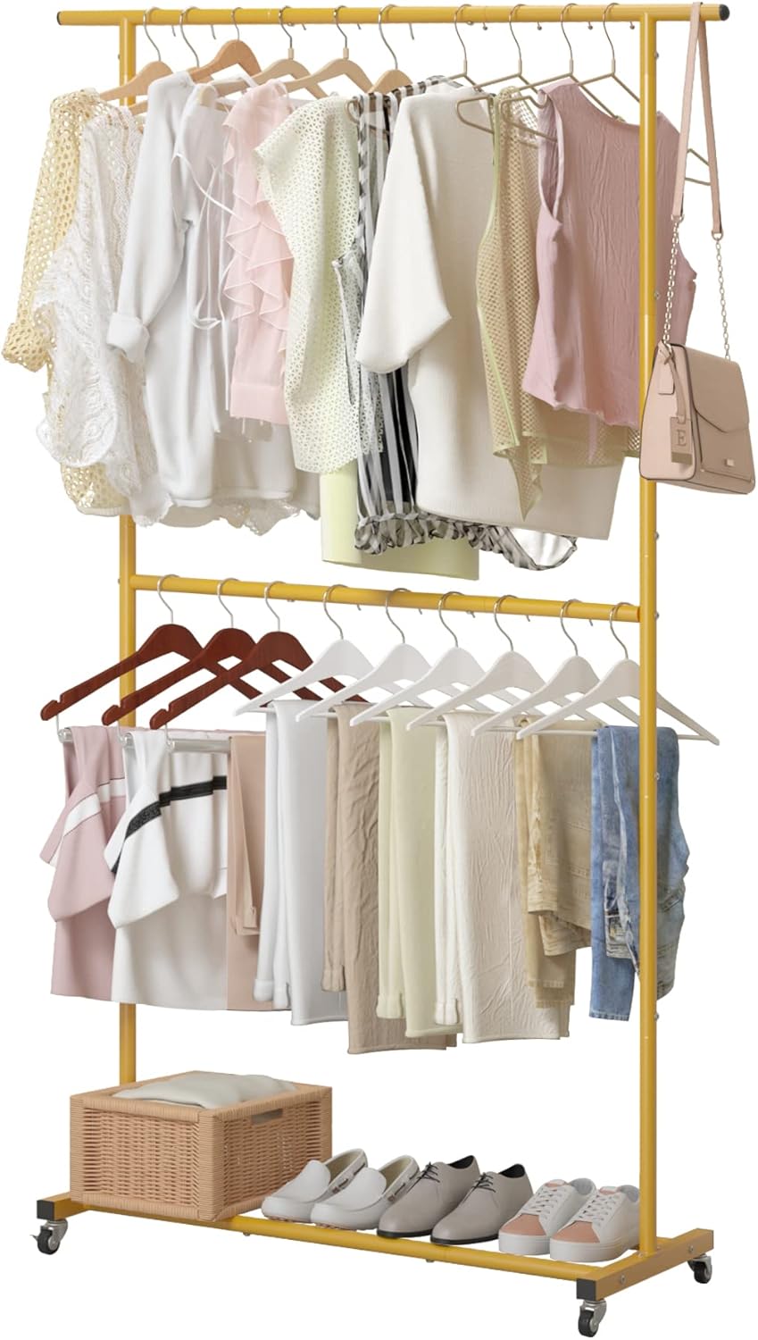 Amazon.com: Sywhitta Double Rod Clothing Garment Rack, Rolling Clothes ...