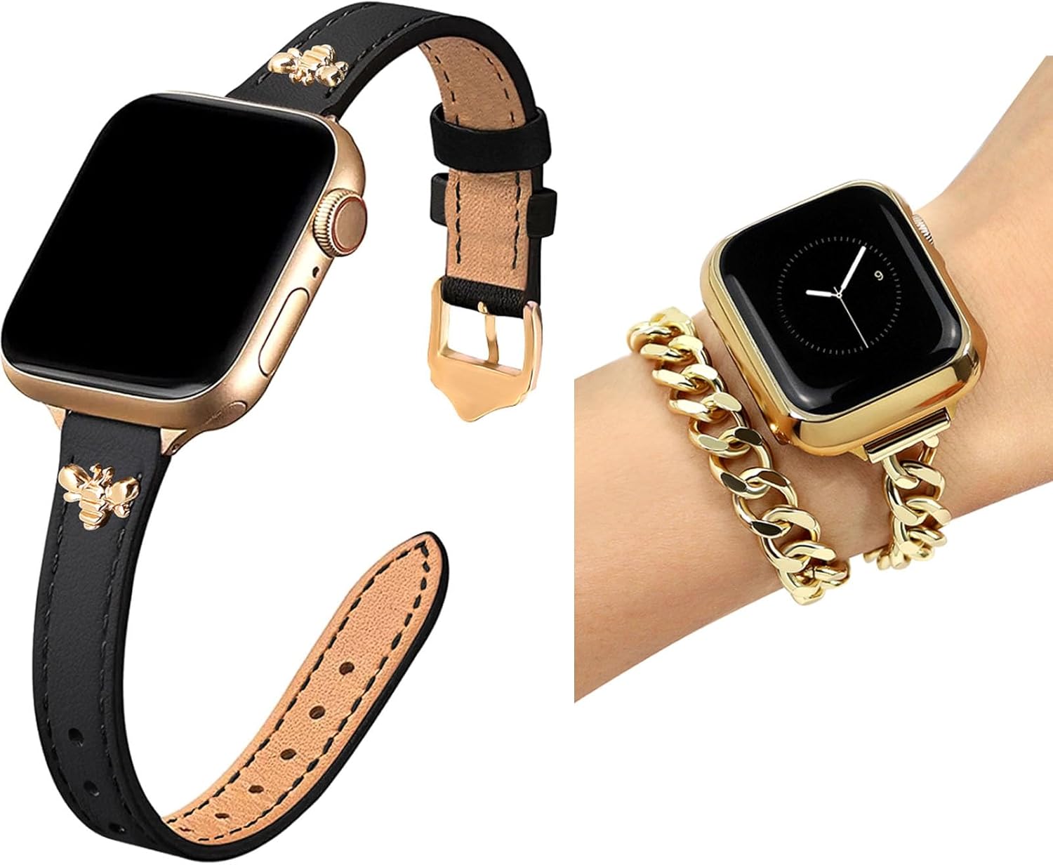Amazon.com: JR.DM Leather Apple Watch Band and Gold Apple Watch Band ...