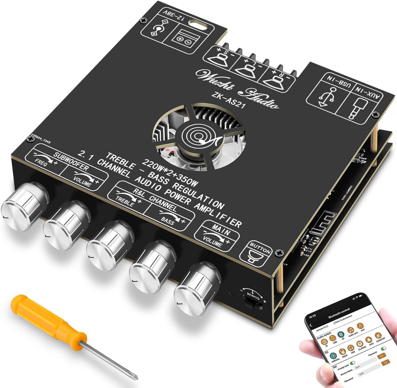 MakerHawk Bluetooth Power Amplifier Board Stereo - HiFi 2.1 Channel 2X220W+350W Bluetooth 5.1 ...