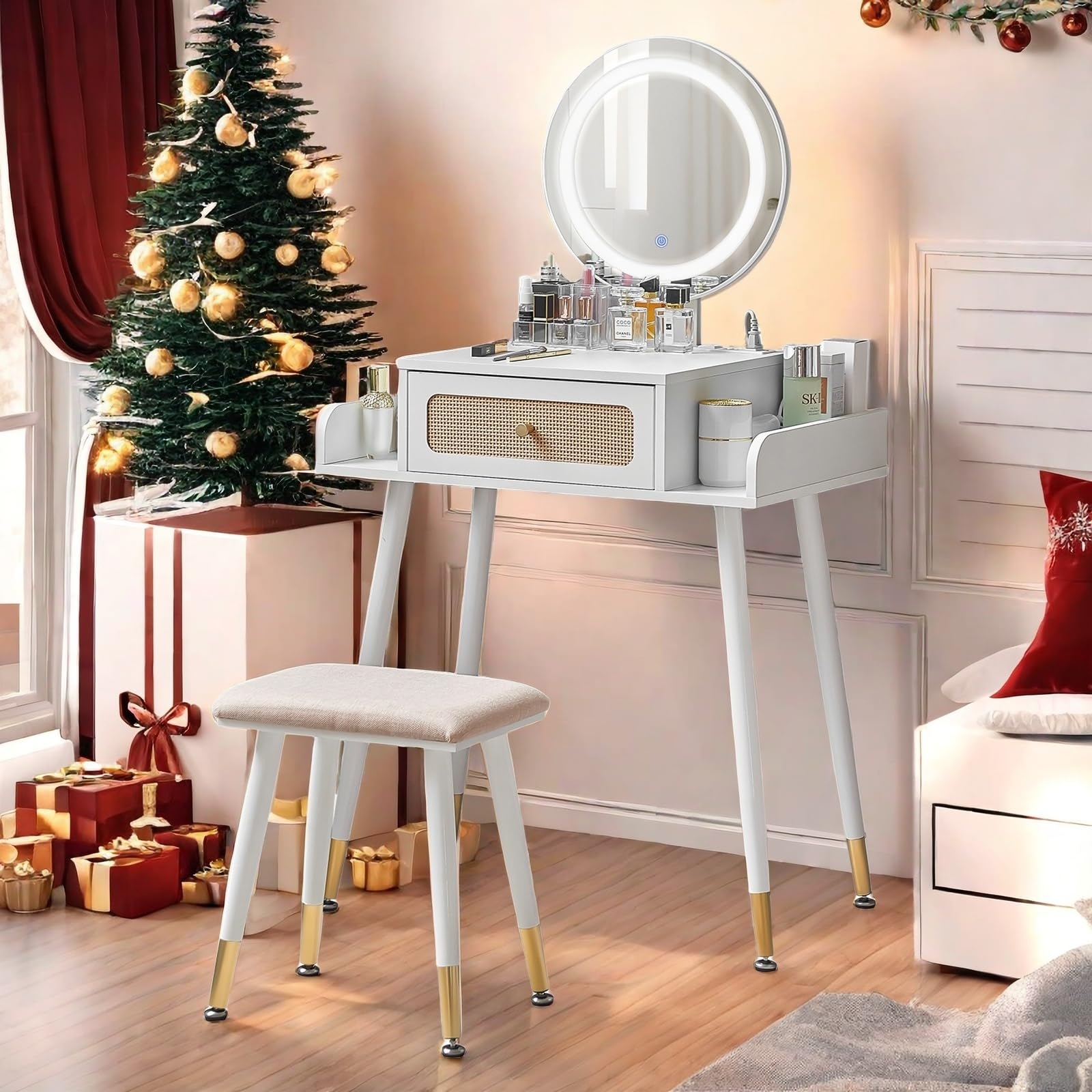 Amazon.com: JanflyHome Vanity Desk, Rattan Makeup Vanity with Mirror ...