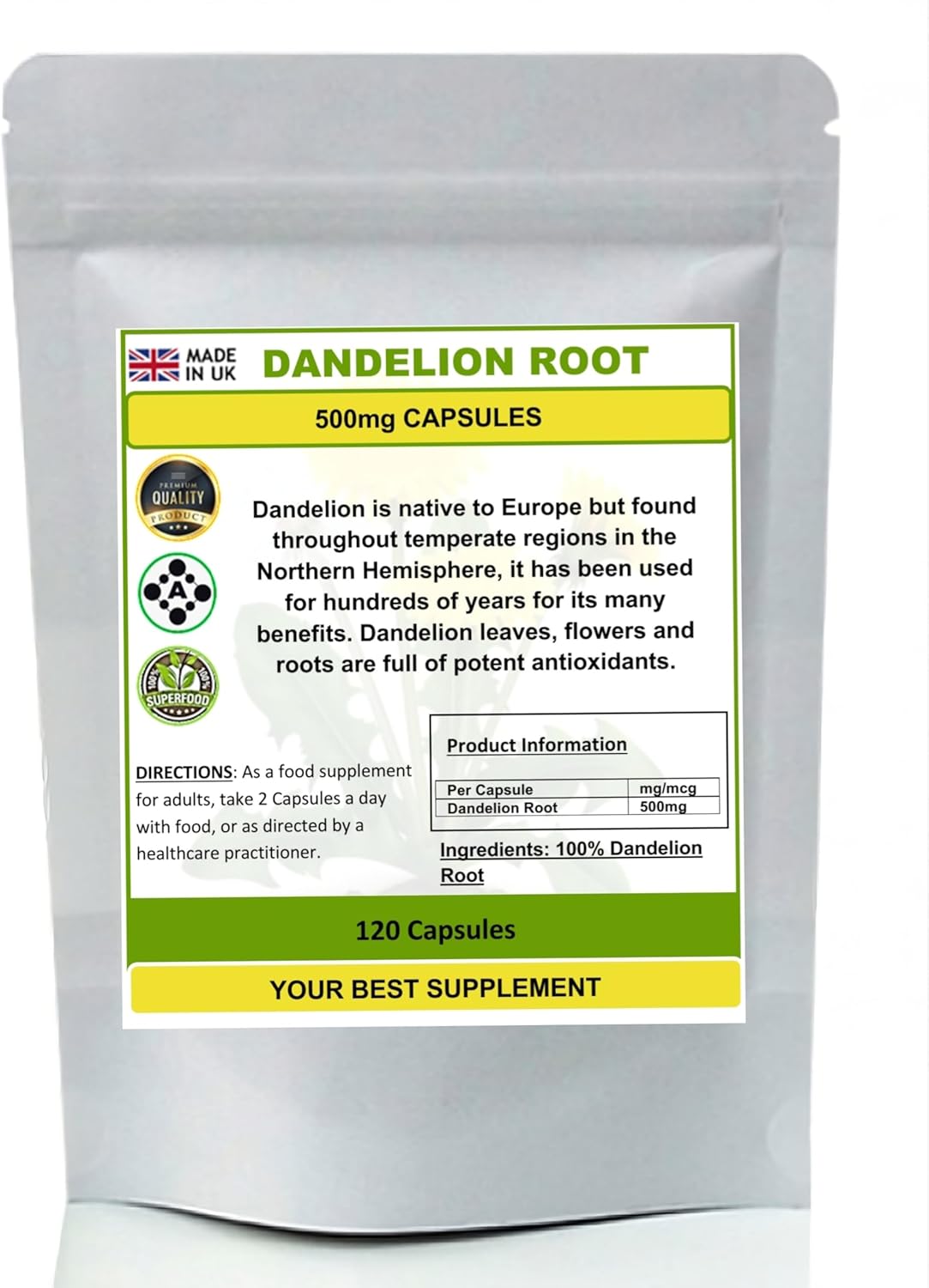 Dandelion Root Capsules 500mg 100% Natural (High Strength Supplement ...