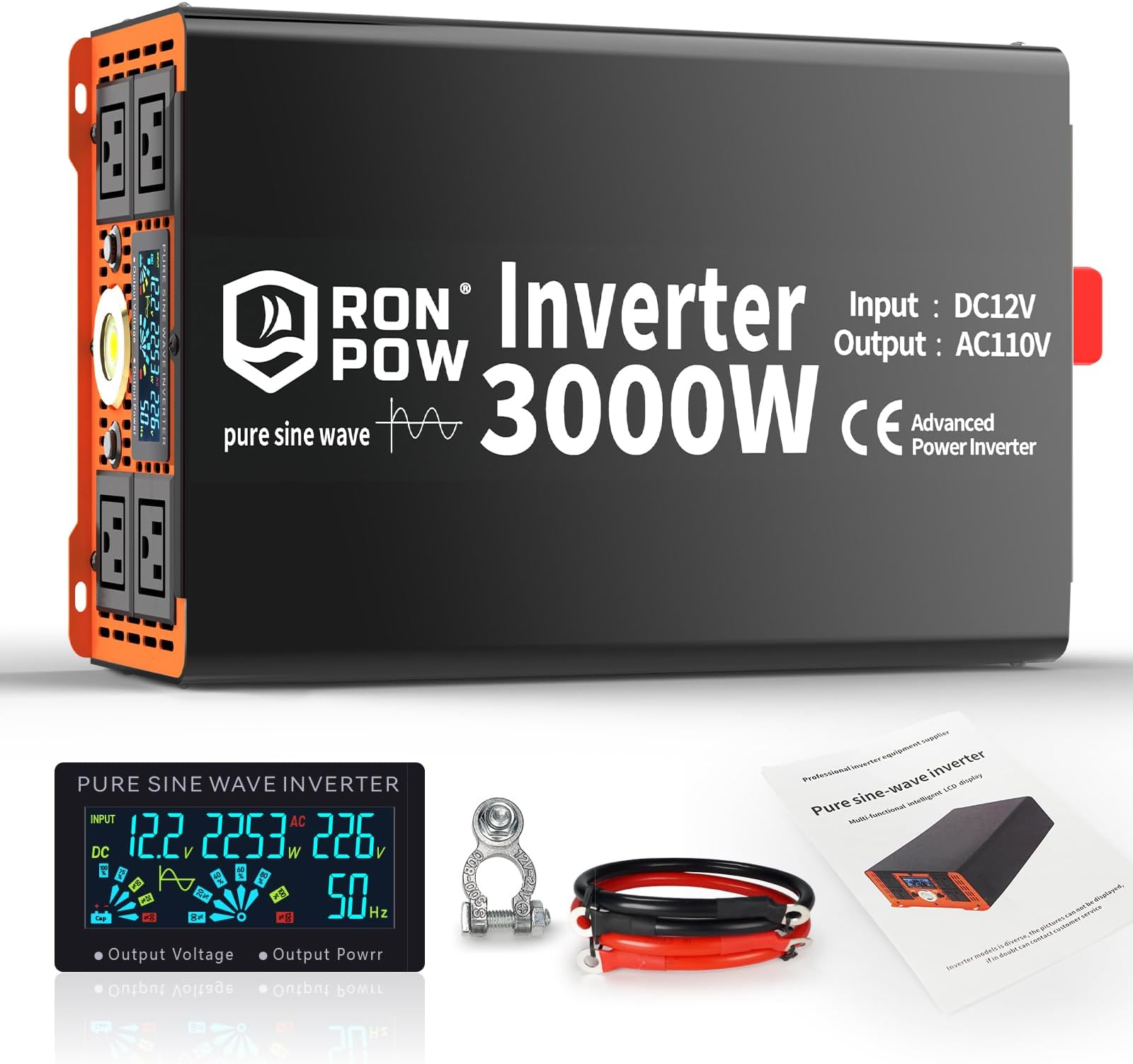 Amazon.com: 3000 Watt Pure Sine Wave Inverter 12v DC to 110v 120v AC ...