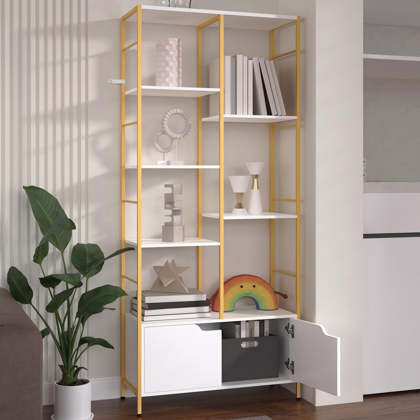 Amazon.com: Housoul Bookshelf with Doors, 6-Tier Shelf with Storage ...