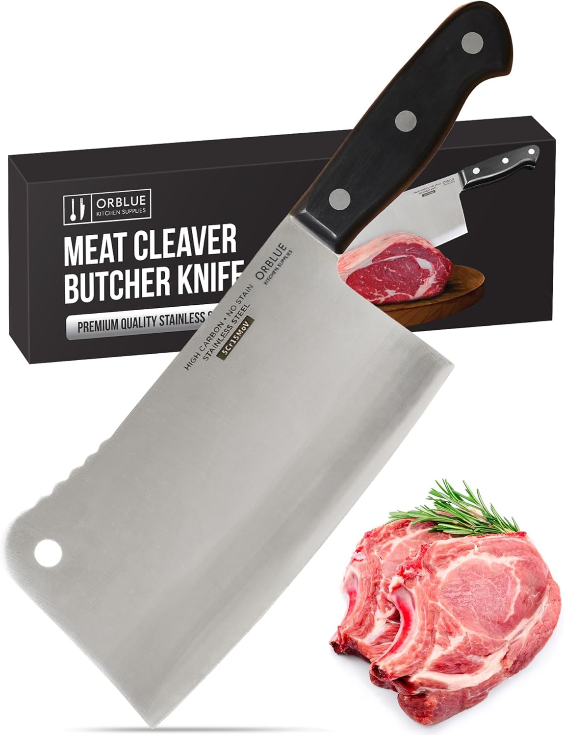 Amazon.com: Orblue Premium Meat Cleaver - Stainless Steel Chef Butcher ...