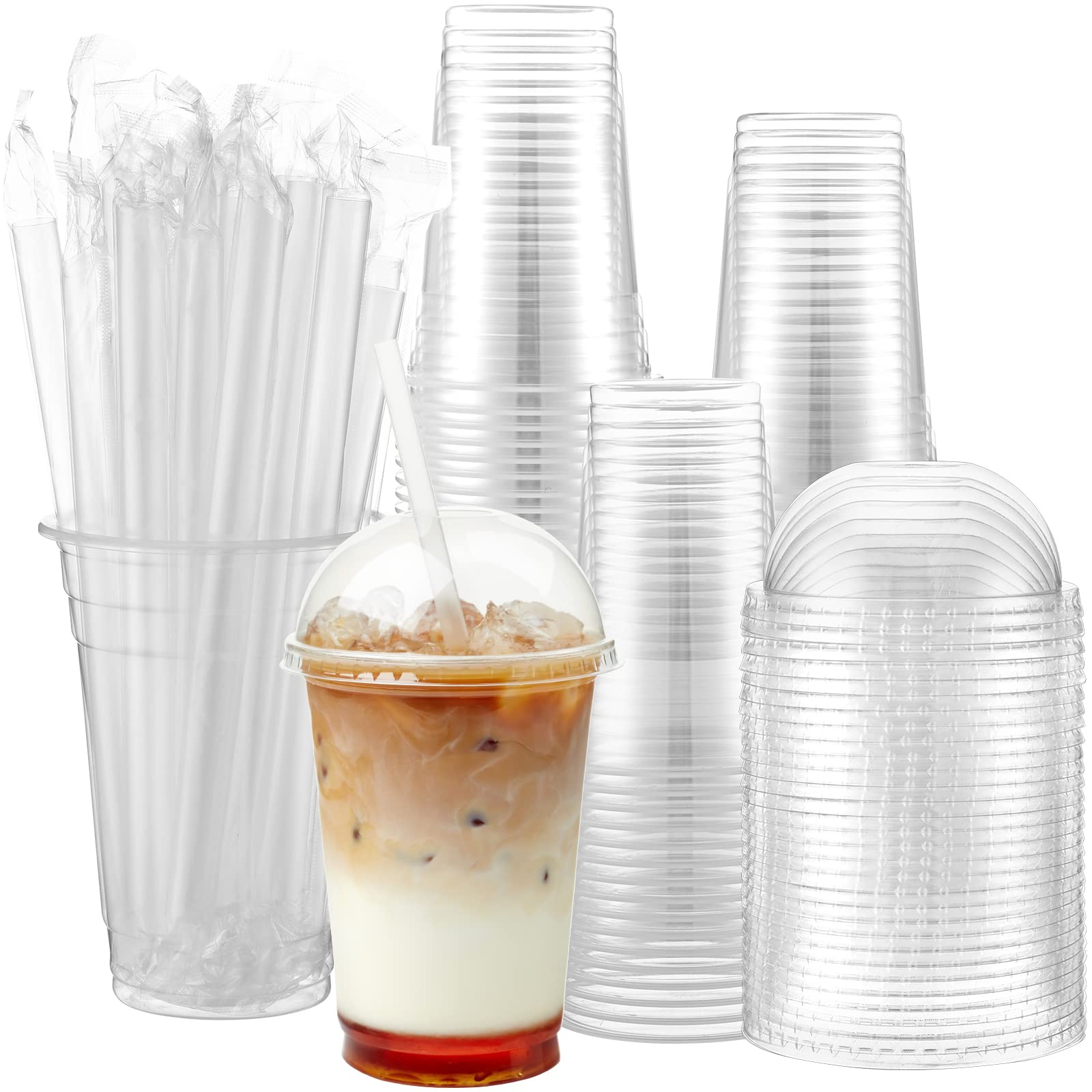 Nuogo 200 Pack Disposable Clear Plastic Cups with Dome Lids 16 oz ...